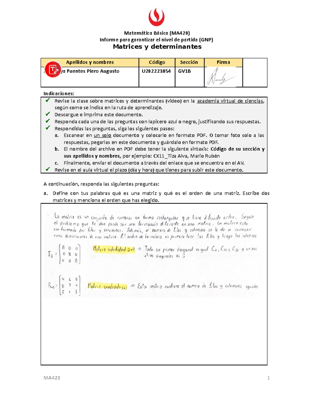 GNP 1 Mate Básica - Primer GNP de Matemática Básica - Matemática Básica (MA420) Informe para ...