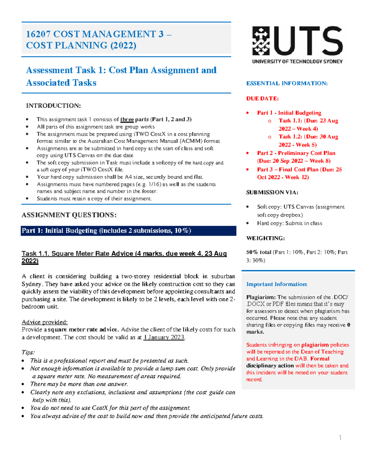Assessment Task 1 Cost Plan Assignment Assignment Brief (2022) - 1 ...