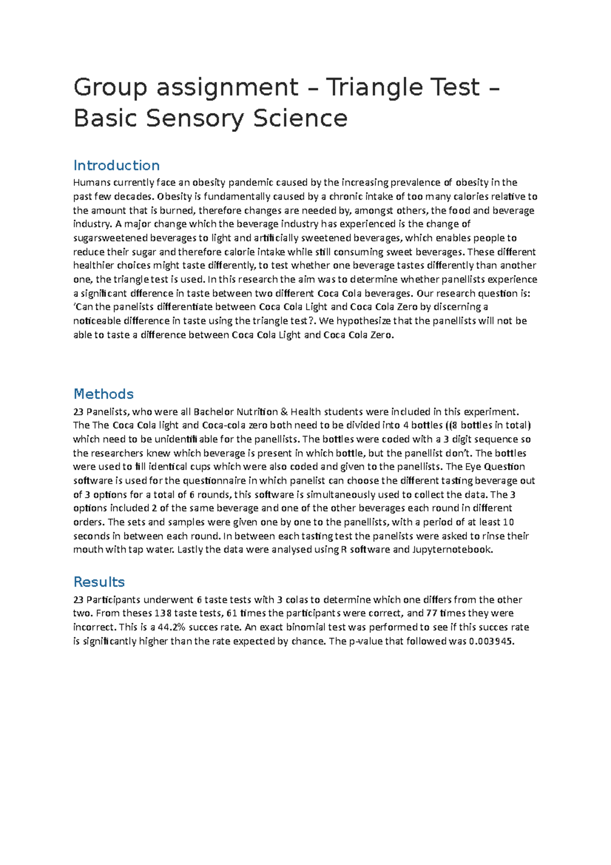 Group Assignment Triangle Test Basic Sensory Science Kopie Group Assignment Triangle