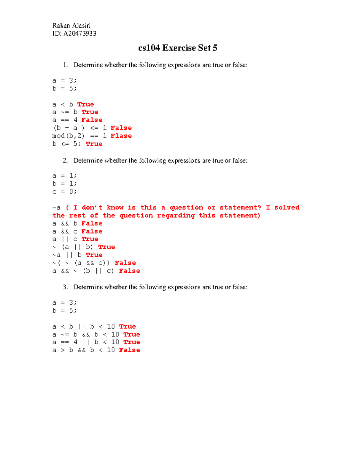 Lab Set Exercise 5 - ID: A cs104 Exercise Set 5 Determine whether the ...