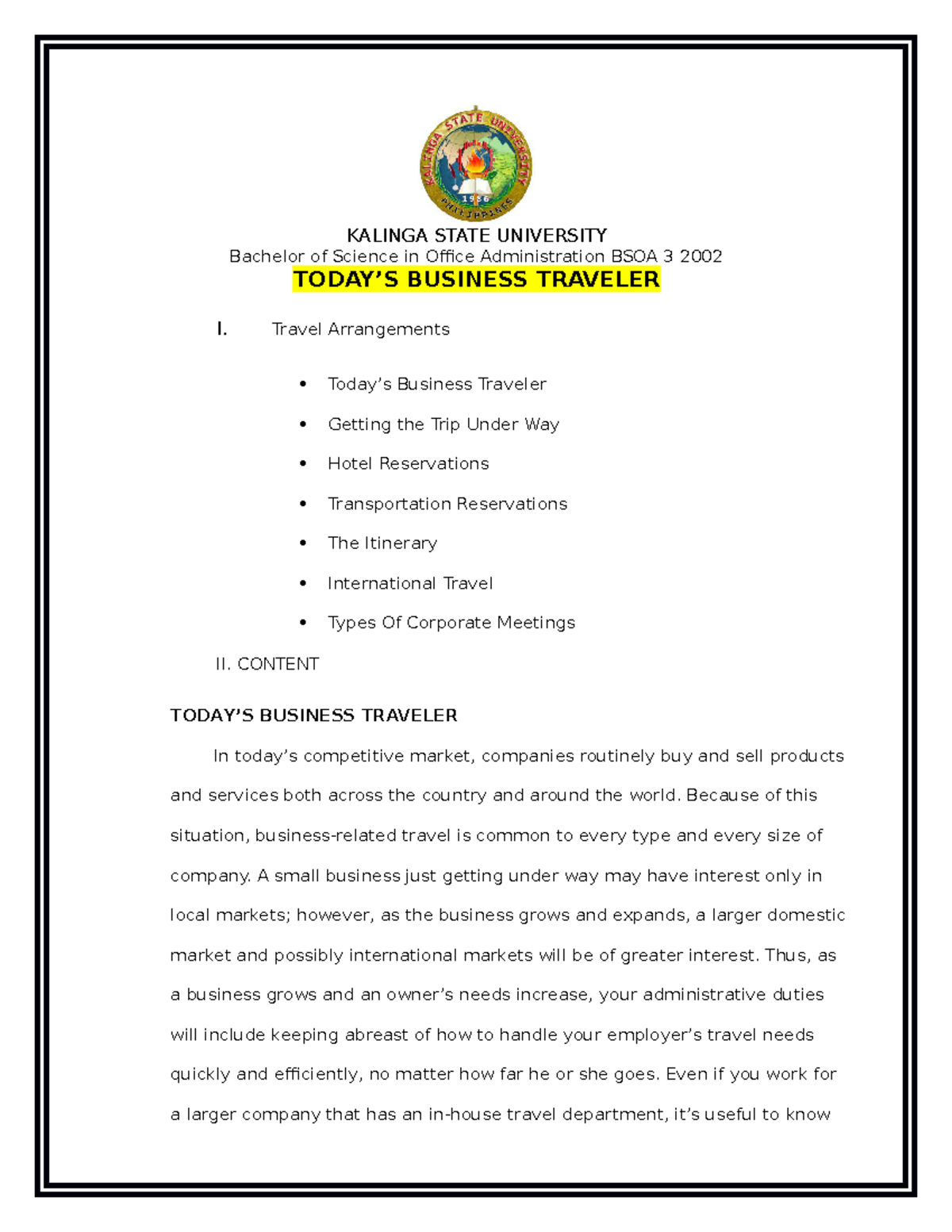 Travel Arrangements - Bachelor of Science in office Administration ...
