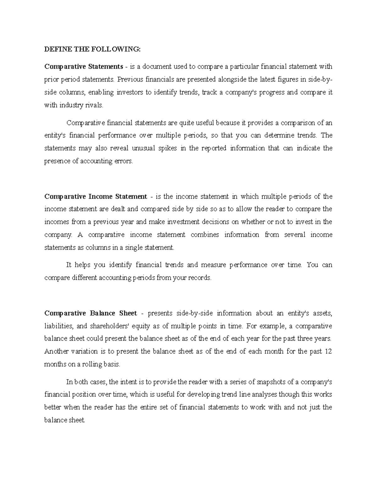 Define THE Following - Comparative statements, comparative income ...