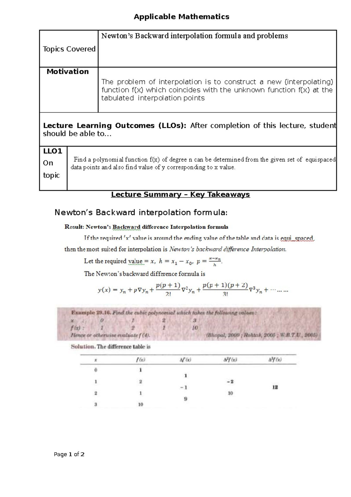 Newton’s Backward interpolation - Applicable Mathematics Topics Covered Newton’s Backward - Studocu
