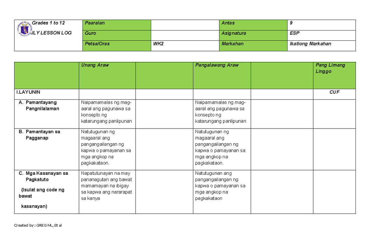 ESP9 Q3 WK2 done - lesson plan - Grades 1 to 12 DAILY LESSON LOG ...