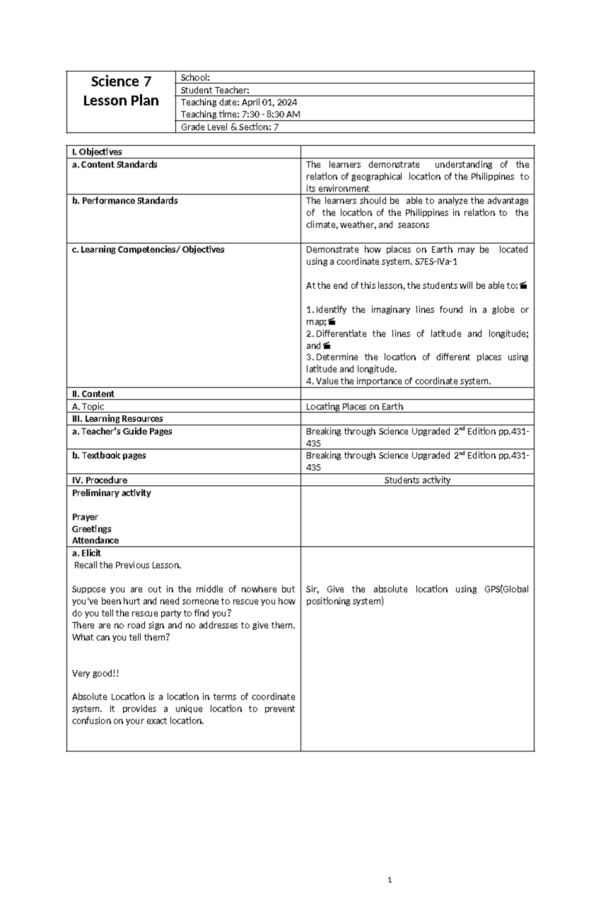 Science 7 Lesson Plan.locting places - Science 7 Lesson Plan School ...