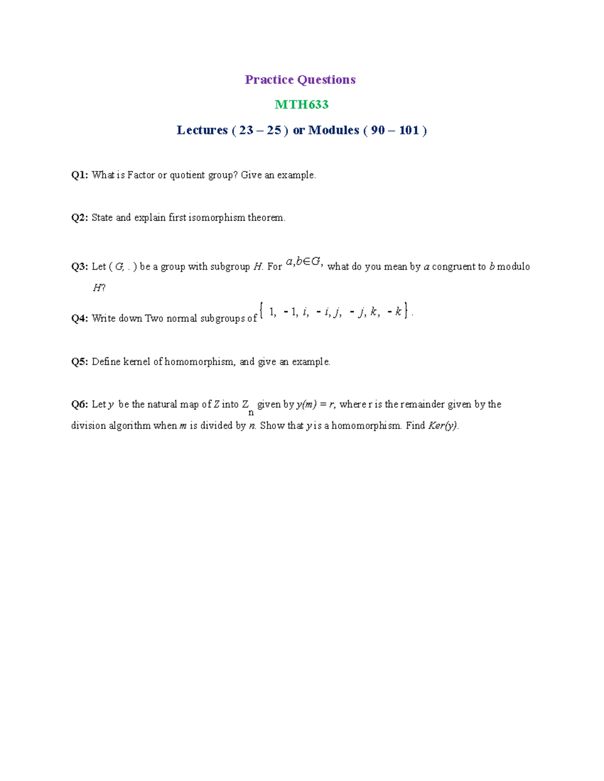Practice Questions Lecture ( 23 - 25 ) Modules ( 90 - 101 ) - Practice Questions MTH Lectures ...