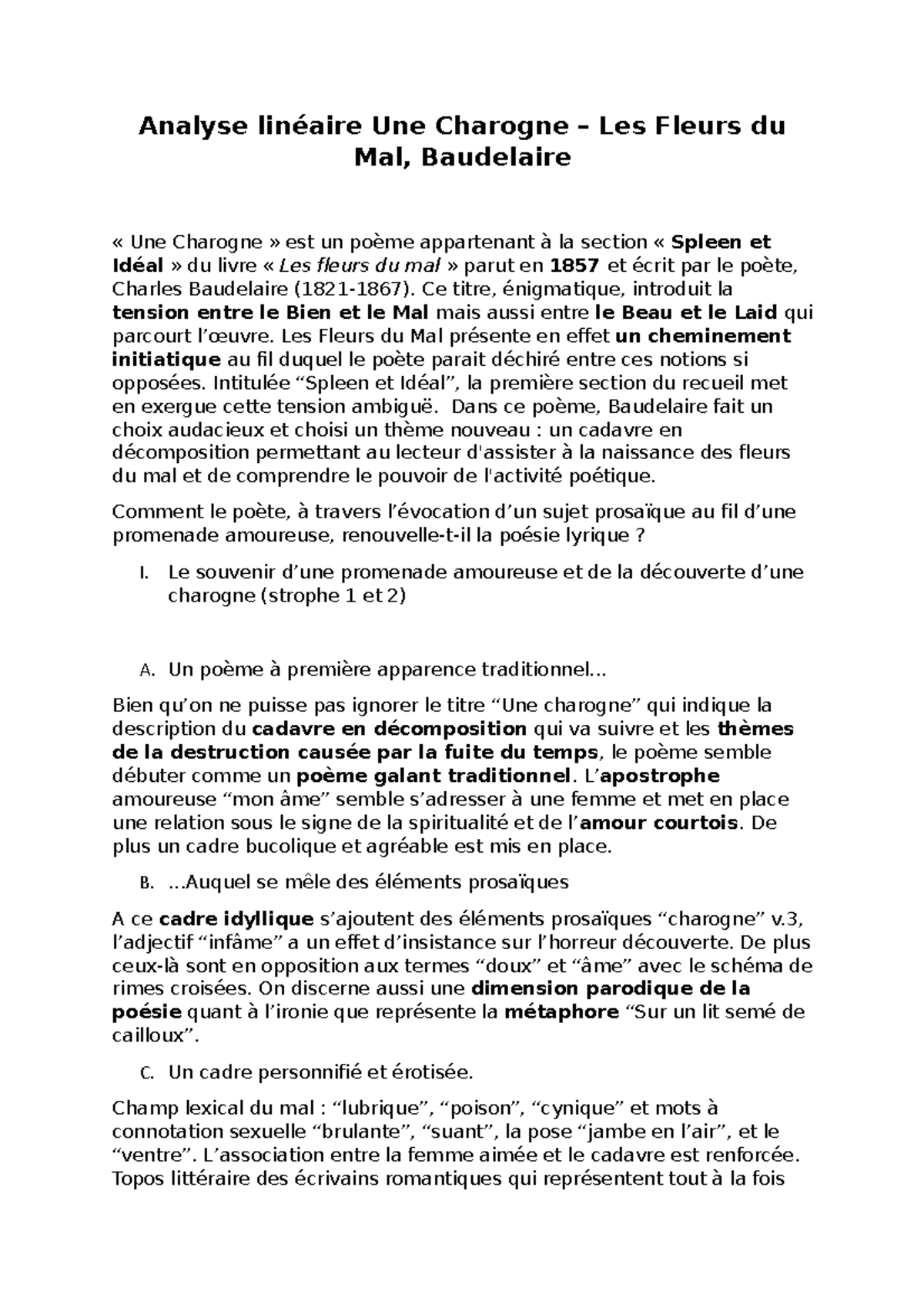 Fiche Bac Une Charogne – Les Fleurs du Mal, Baudelaire - Analyse ...