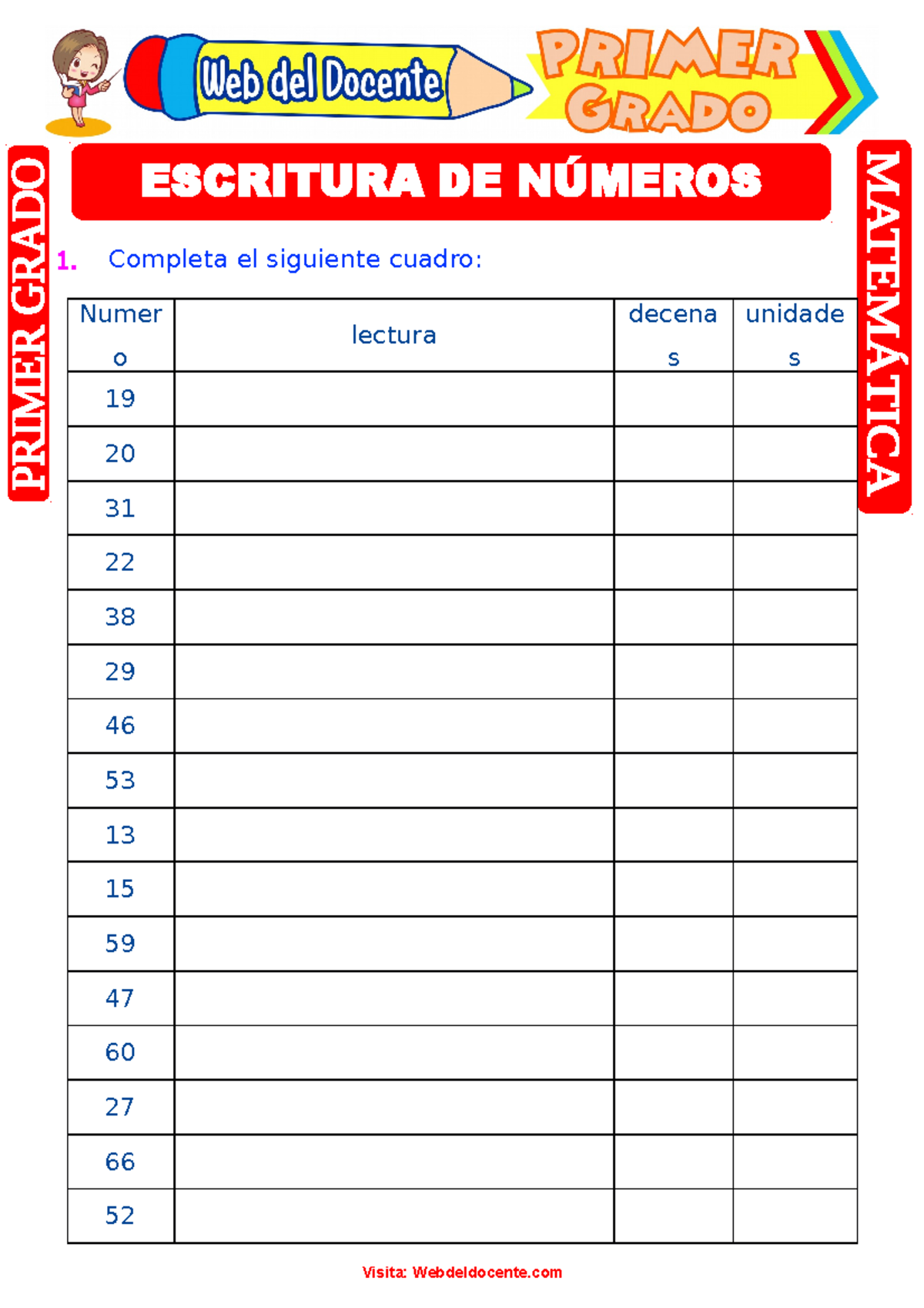 Escritura de Números para Primer Grado de Primaria - matematica ...