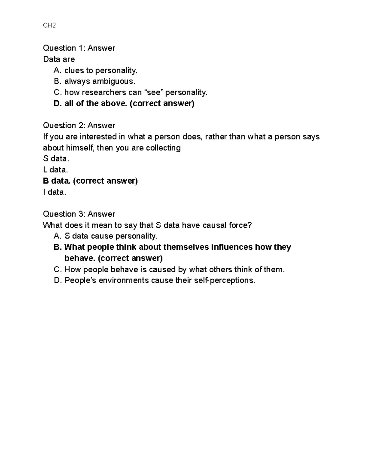 Personality Research Practice - CH Question 1: Answer Data are A. clues ...
