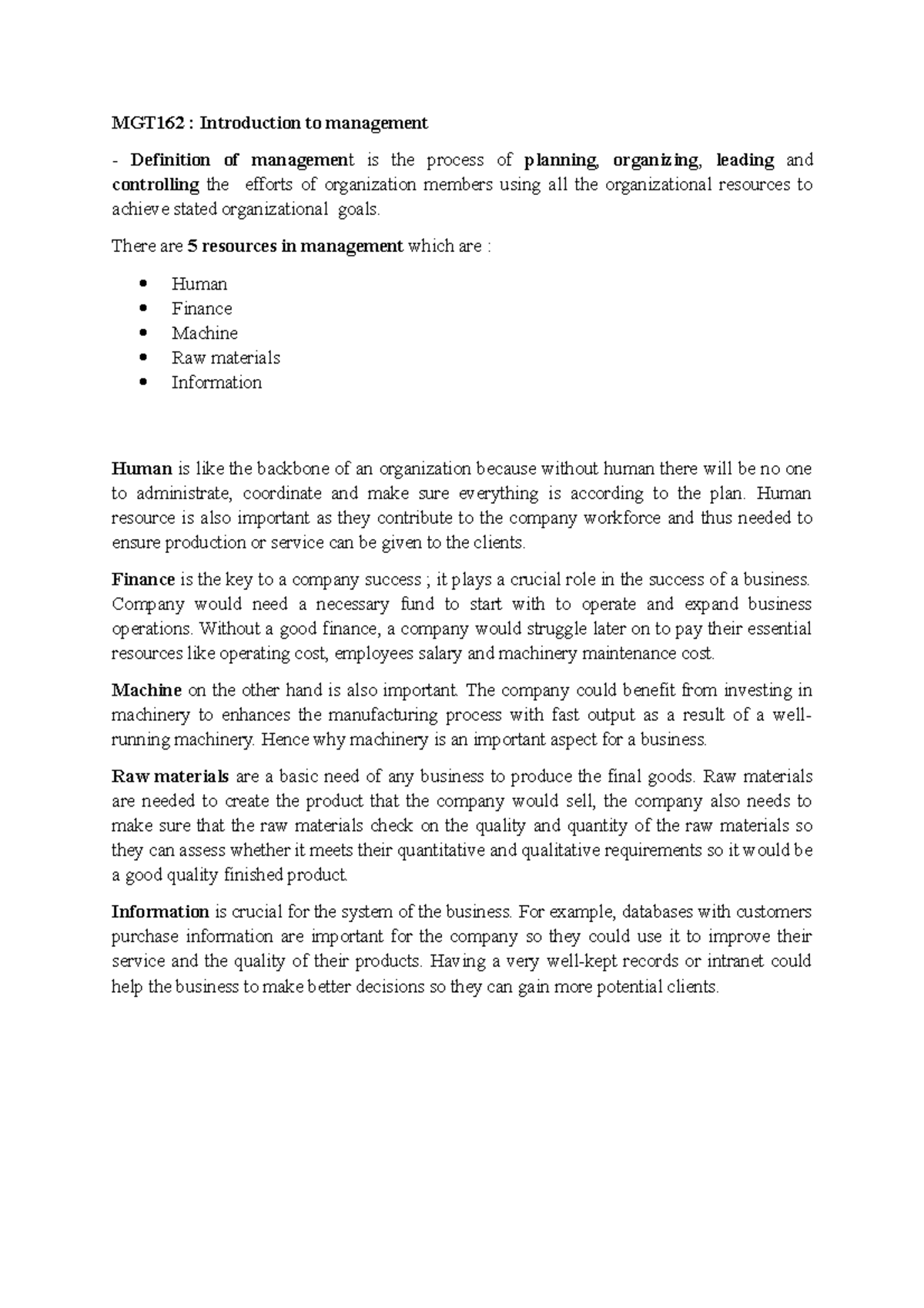 MGT162 - 5 Resources IN Management - MGT162 : Introduction to ...