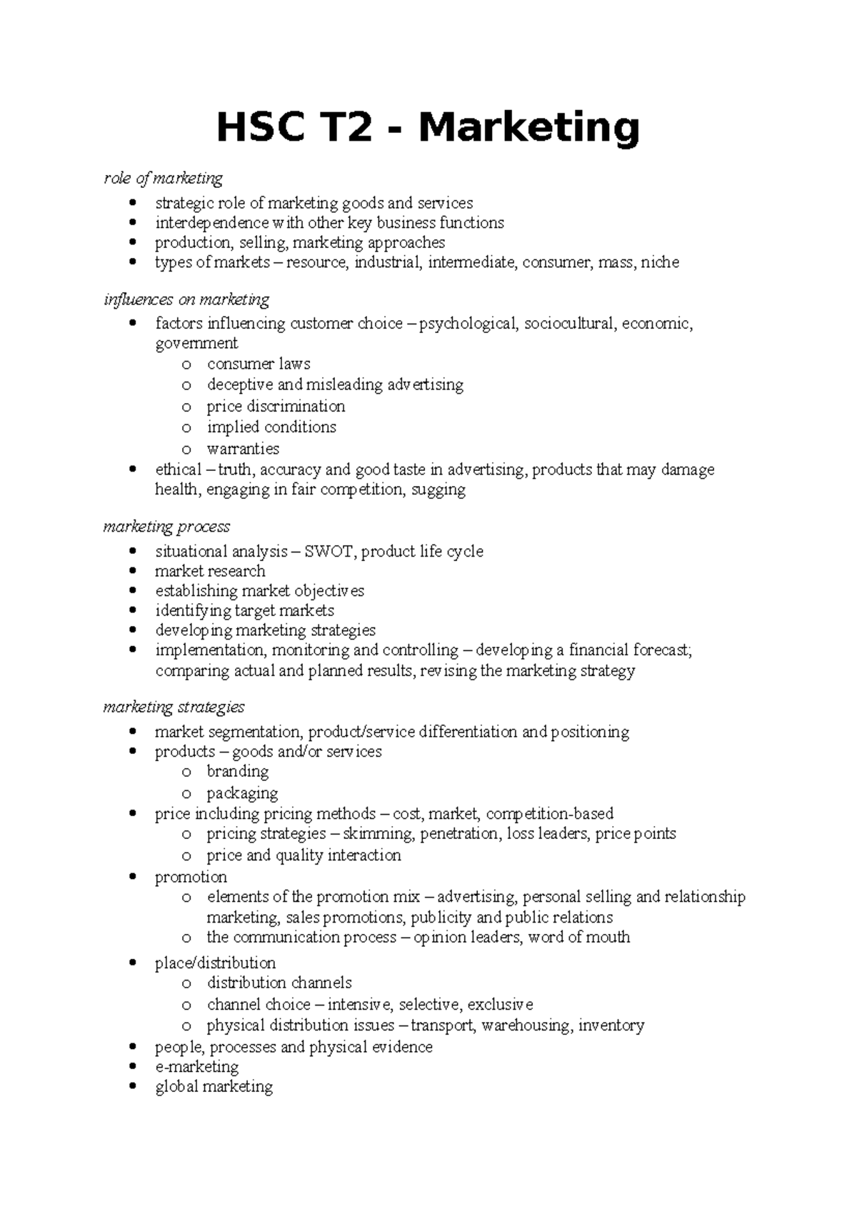Marketing notes - HSC T2 - Marketing role of marketing strategic role ...