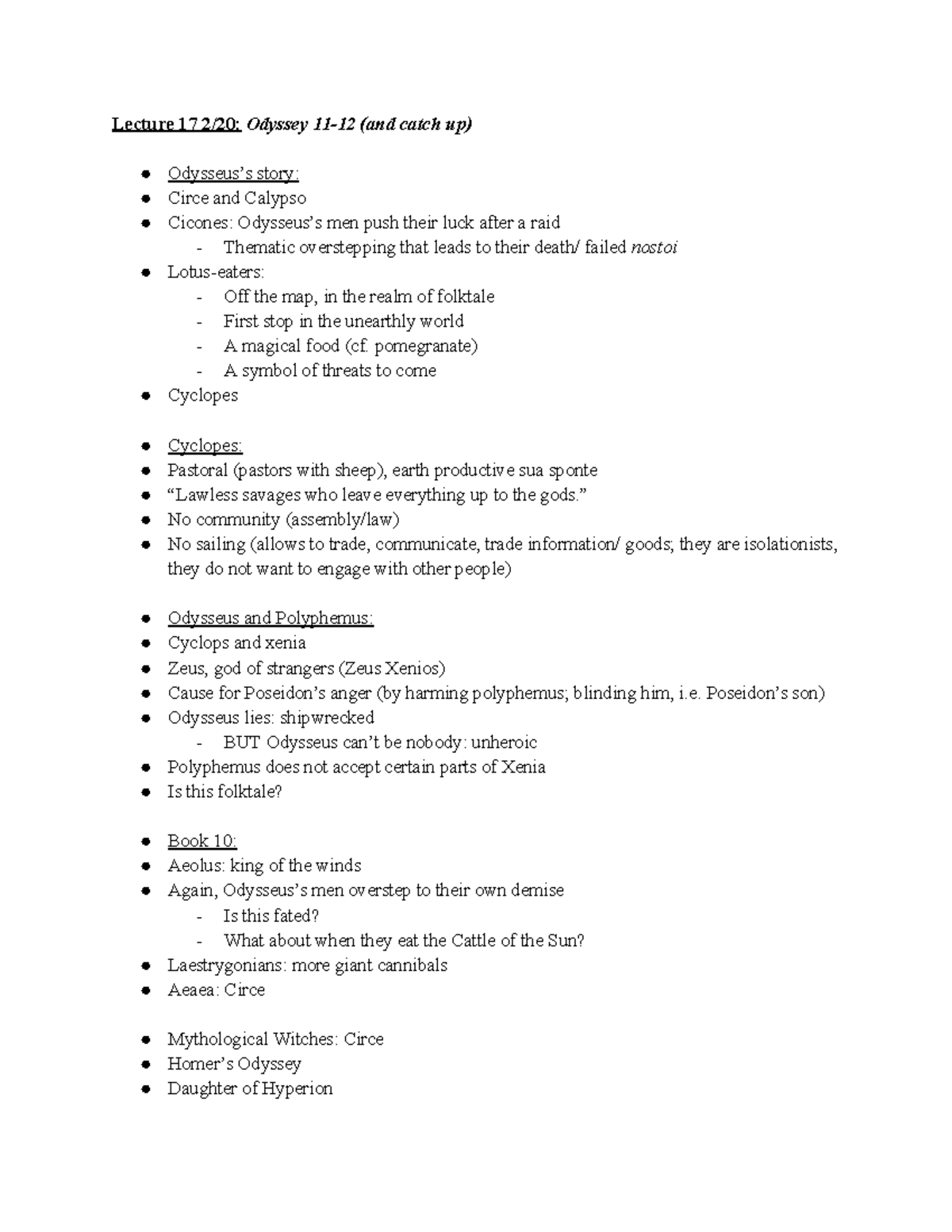 The odyssey - Lecture 17 2/20: Odyssey 11-12 (and catch up) Odysseus’s ...