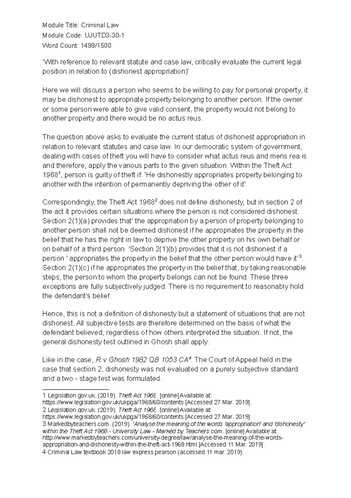 Criminal Law coursework - Module Code: UJUTD3-30- Word Count: 1499 ...
