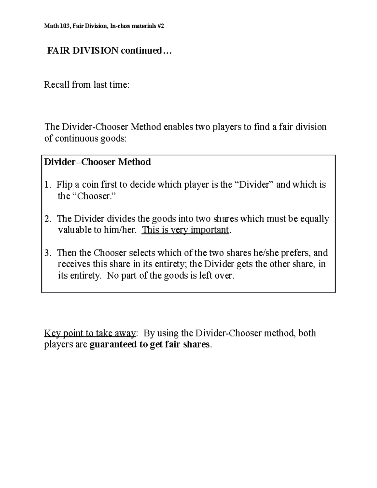 Fair Division notes - Math 103, Fair Division, materials FAIR DIVISION ...