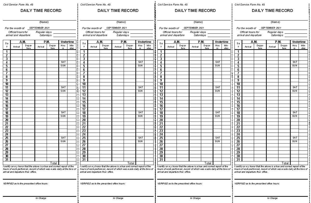 DAILY TIME RECORD - Civil Service Form No. 48 DAILY TIME RECORD (Name ...