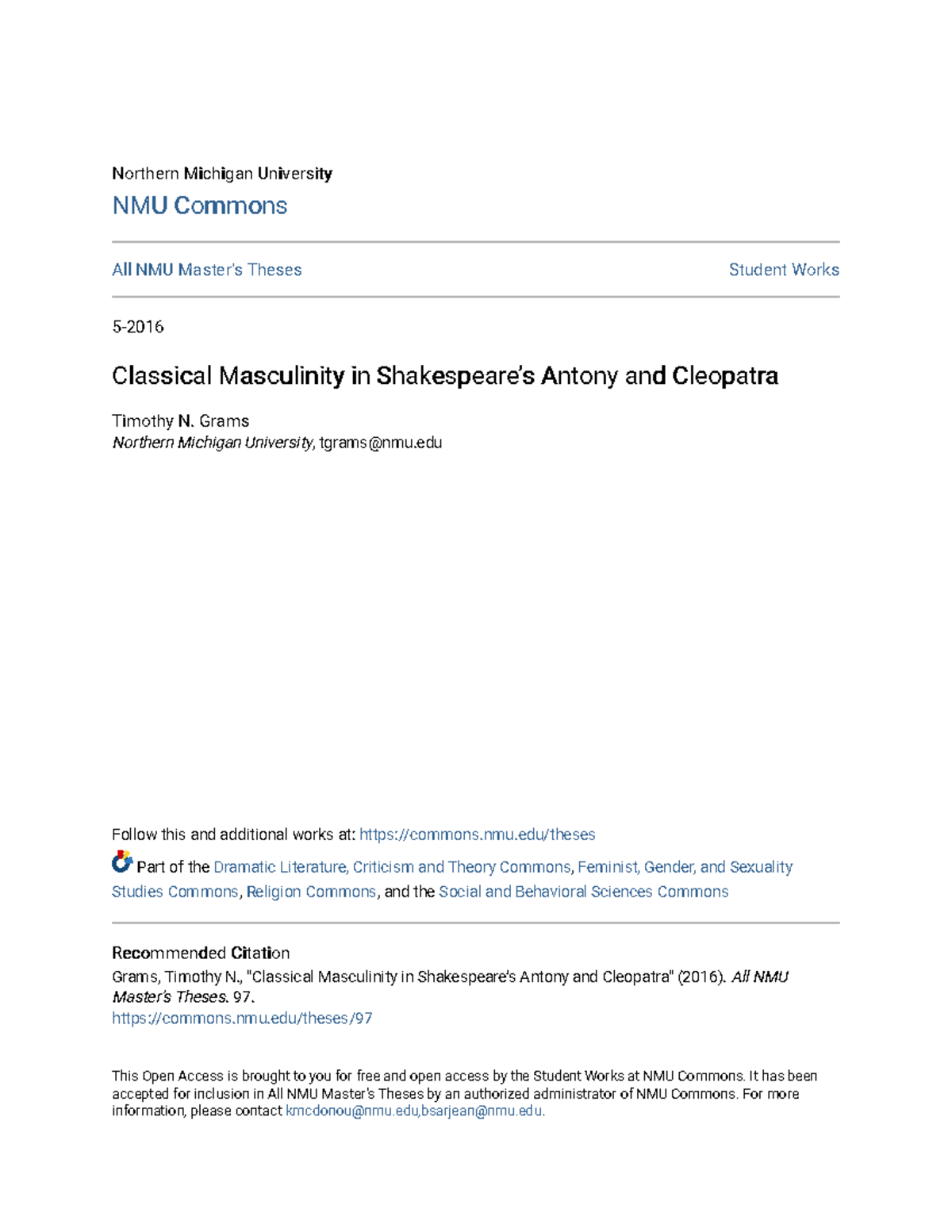 Classical Masculinity in Shakespeare's Antony and Cleopatra - Northern ...