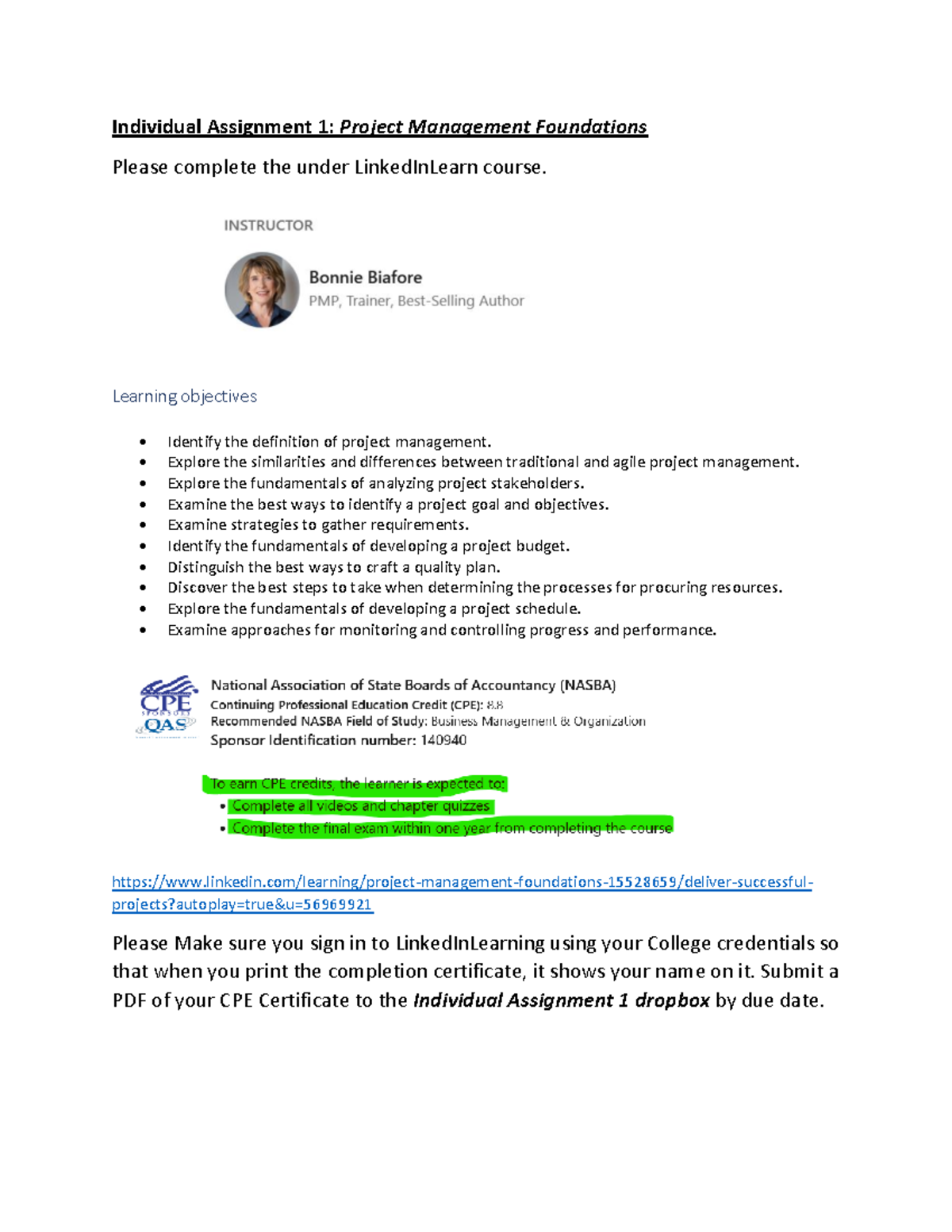 Individual Assignment 1 - Learning objectives • Identify the definition ...