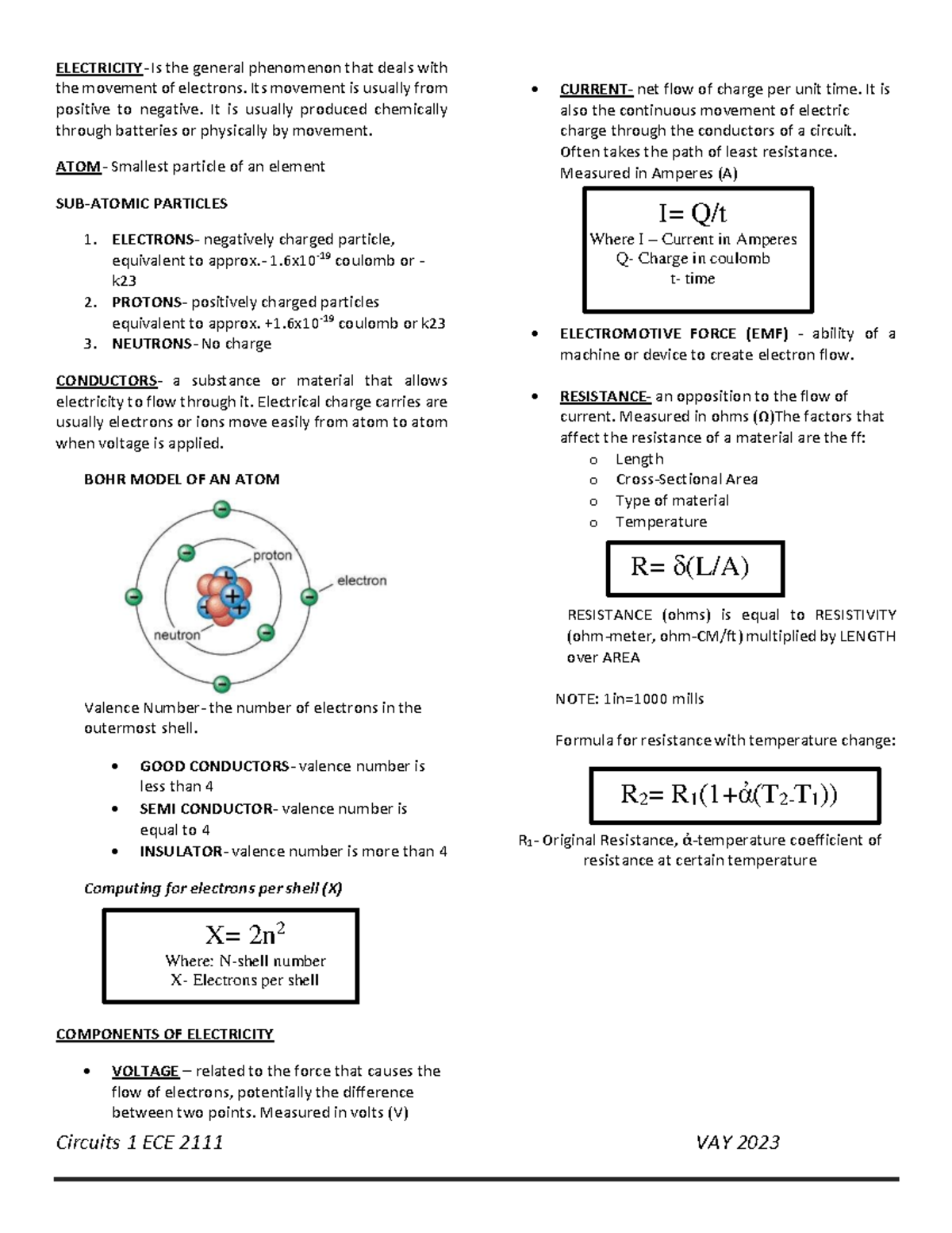 Circuits 1 Intro - notes - Circuits 1 ECE 2111 VAY 2023 ELECTRICITY- Is ...