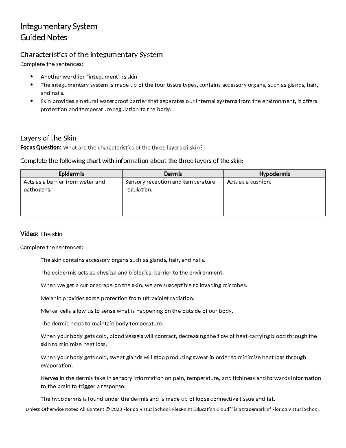 Guided notes integumentary system - Integumentary System Guided Notes ...