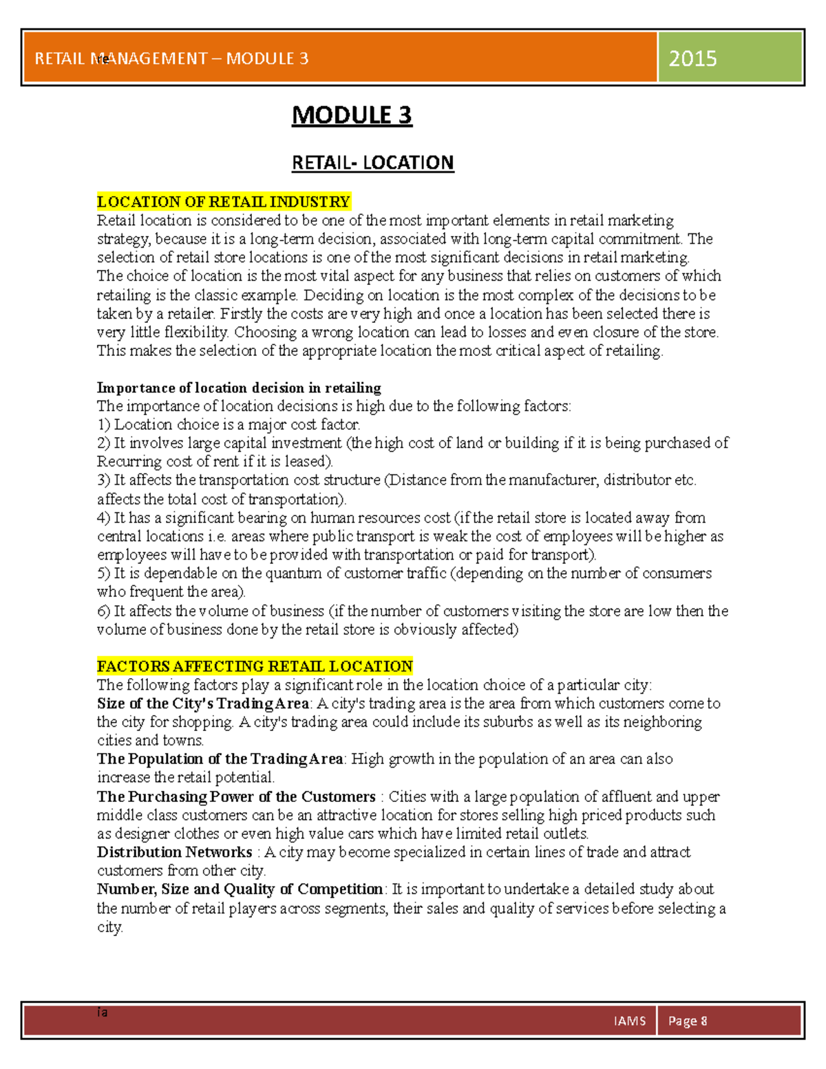Retailing module 3 - Notes - MODULE 3 RETAIL- LOCATION LOCATION OF ...