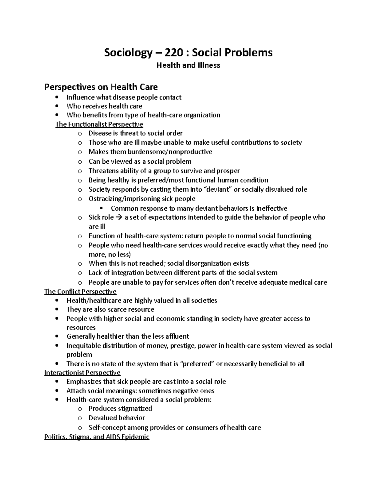 Health and Illness - notes - Sociology – 220 : Social Problems Health ...