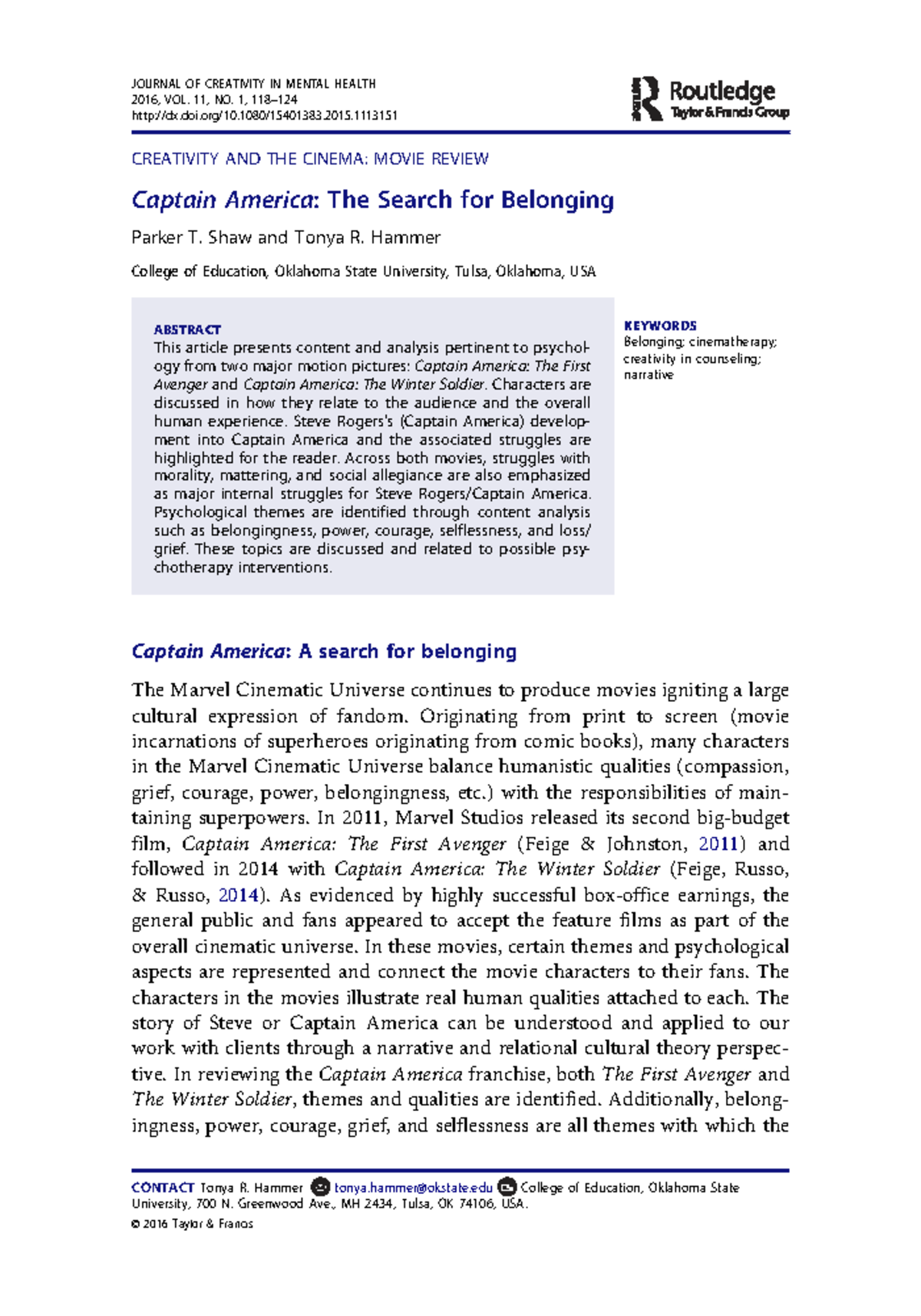 Cap America.The Search for Belonging - CREATIVITY AND THE CINEMA: MOVIE ...