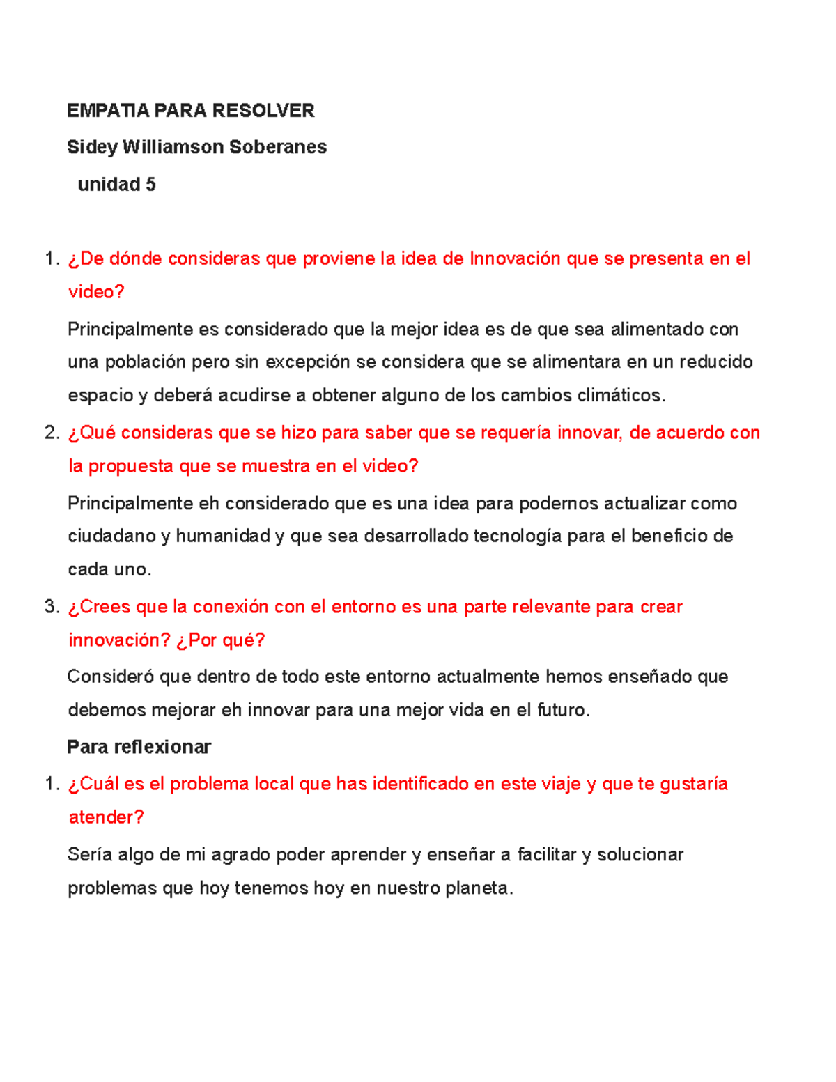 Diario DE Reflexion unidad 5 - EMPATIA PARA RESOLVER Sidey Williamson Soberanes unidad 5 ¿De ...
