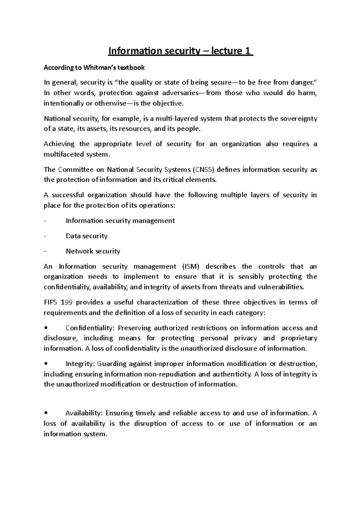 Information Security Lecture 1 Information Security Lecture 1 According To Whitmans