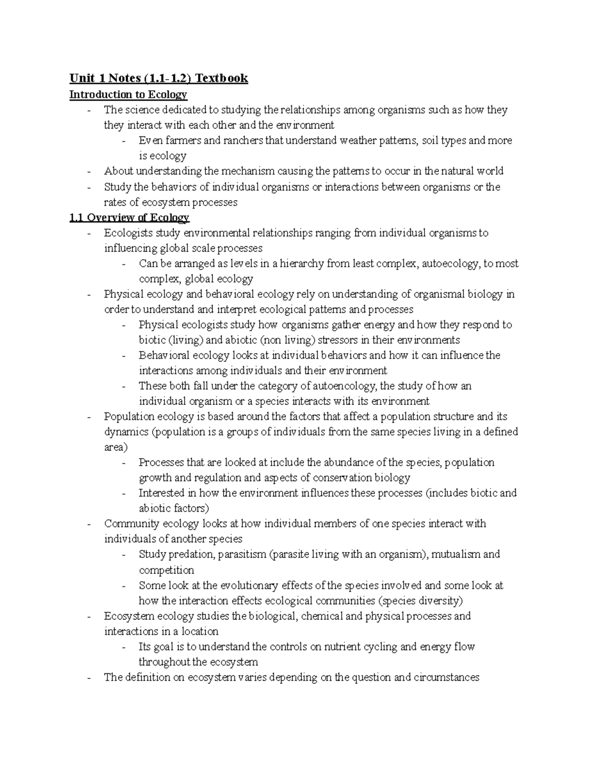 Ecology Unit 1 and Tutorial 1 - Unit 1 Notes (1.1-1) Textbook ...