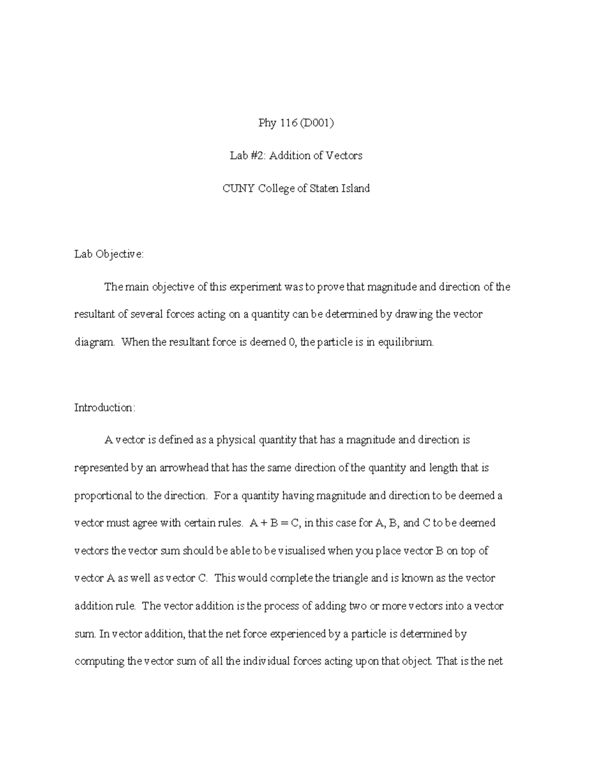 Physics lab 2 Addition of Vectors - Phy 116 (D001) Lab #2: Addition of ...