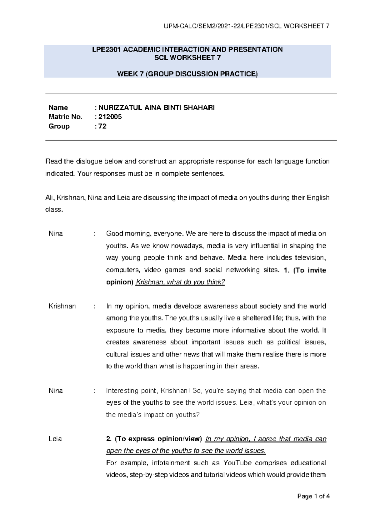 LPE2301 Worksheet 7 (Group Discussion Practice) - LPE2301 ACADEMIC ...