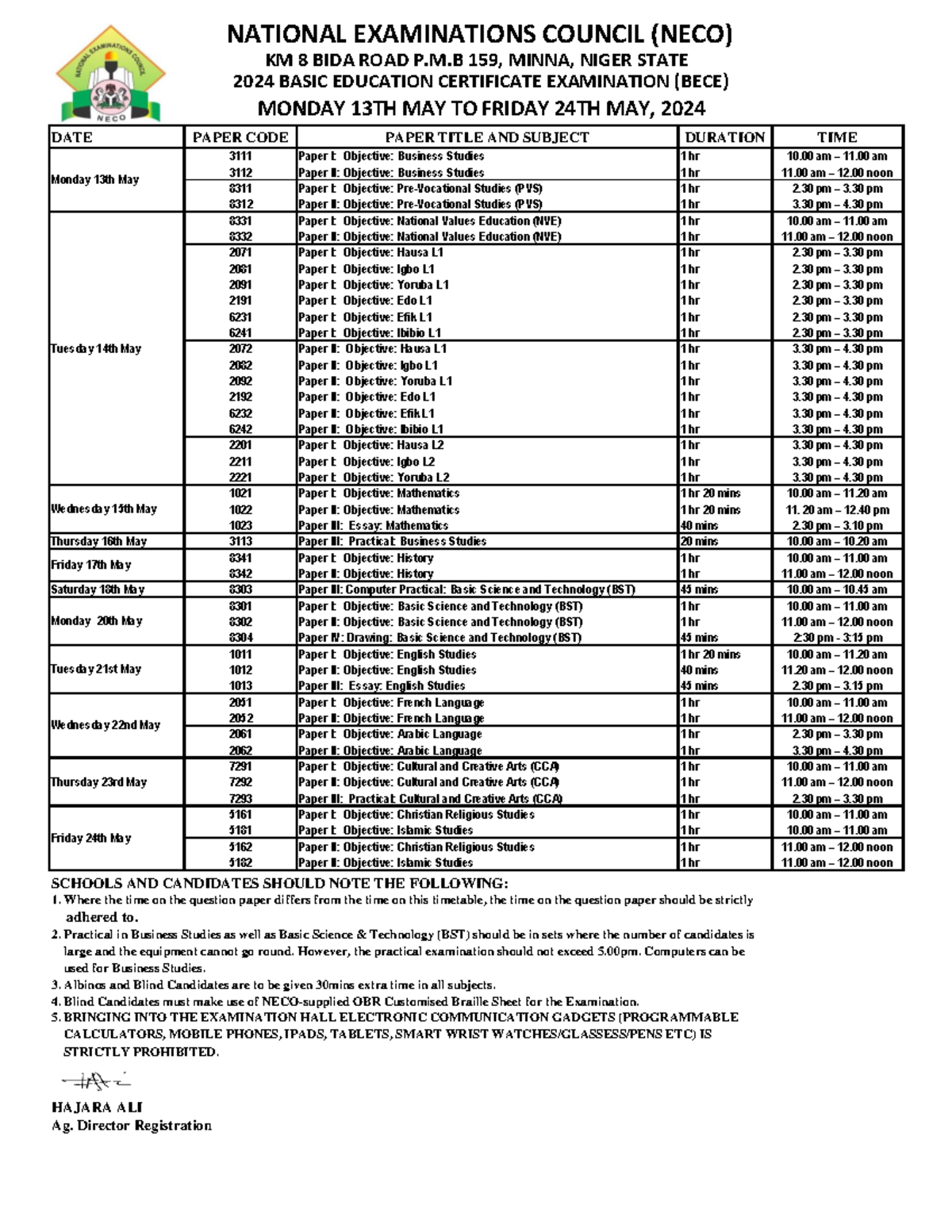 May 2024 NECO BECE Timetable - DATE PAPER CODE PAPER TITLE AND SUBJECT ...