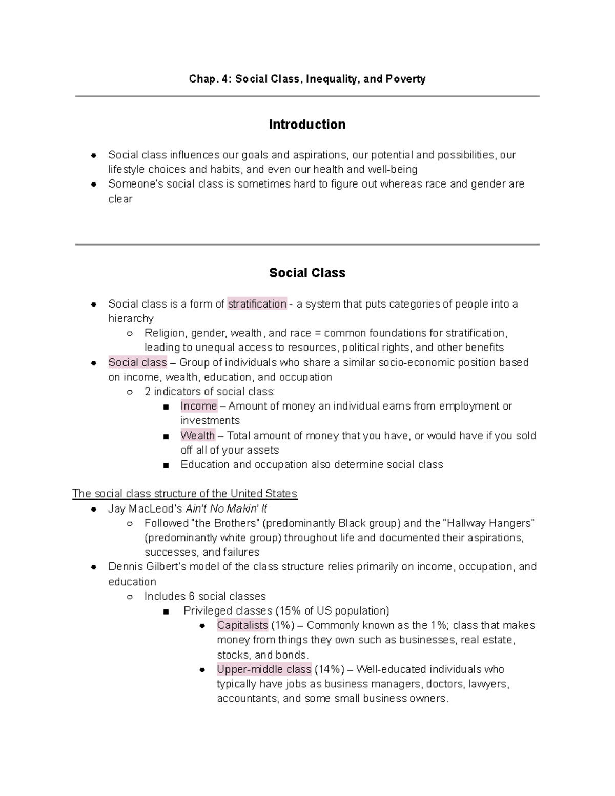 Chapter 4 Notes - Social Class, Inequality, and Poverty - Chap. 4 ...