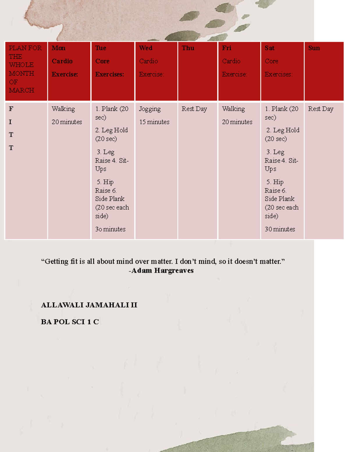 FITT Table - PLAN FOR THE WHOLE MONTH OF MARCH Mon Cardio Exercise: Tue ...