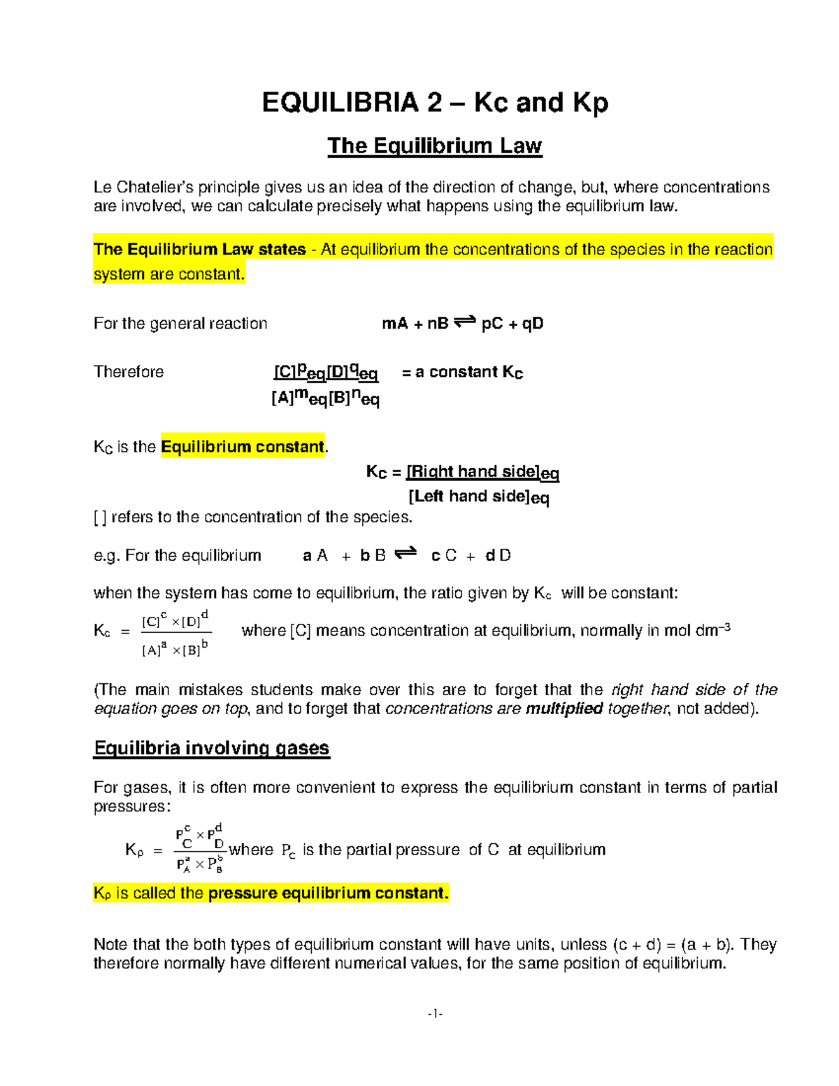 4.5 Equilibria - The Equilibrium Law - EQUILIBRIA 2 – Kc and Kp The ...