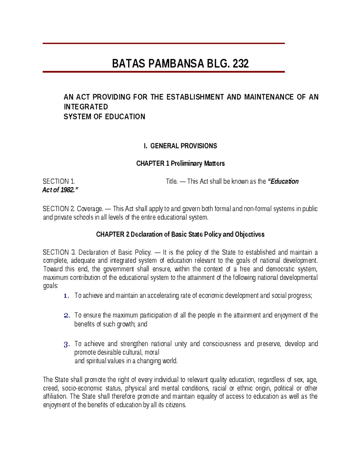 Batas Pambansa BLG 232 - Prof Ed 9 - BATAS PAMBANSA BLG. 232 AN ACT ...