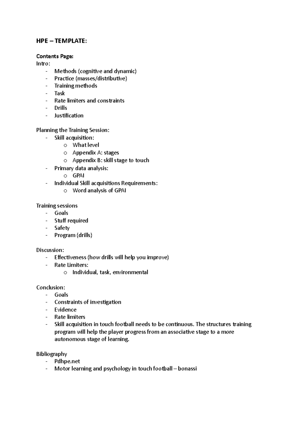 Format for assignment - HPE – TEMPLATE: Contents Page: Intro: - Methods ...