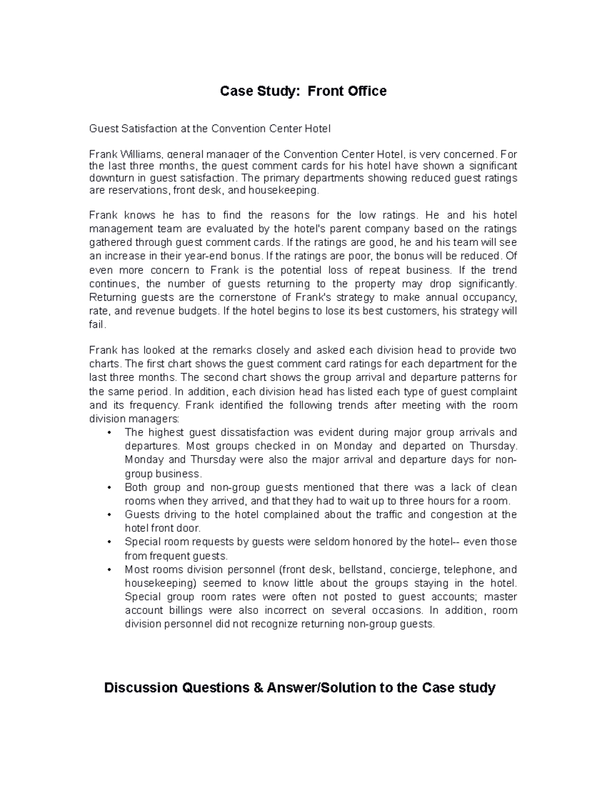 e case study 2021 hh - Case Study: Front Office Guest Satisfaction at ...