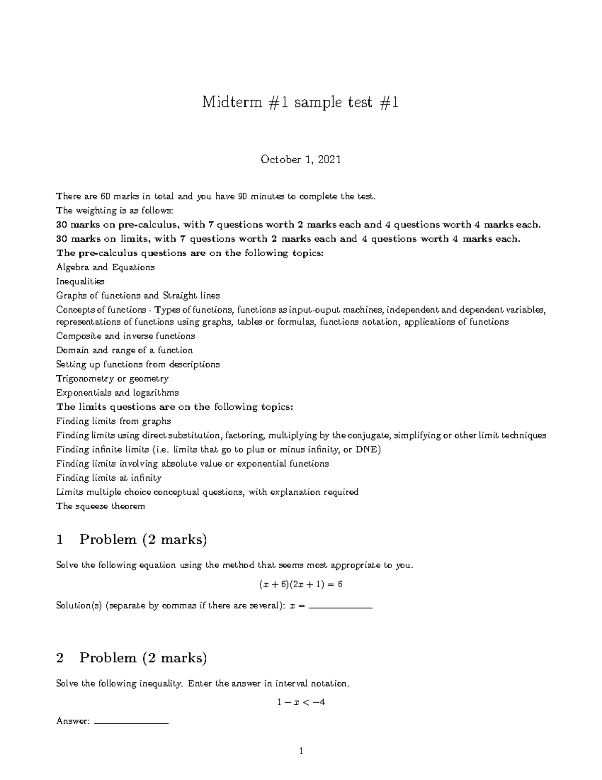 Midterm 1 sample - mock - Midterm #1 sample test October 1, 2021 There ...