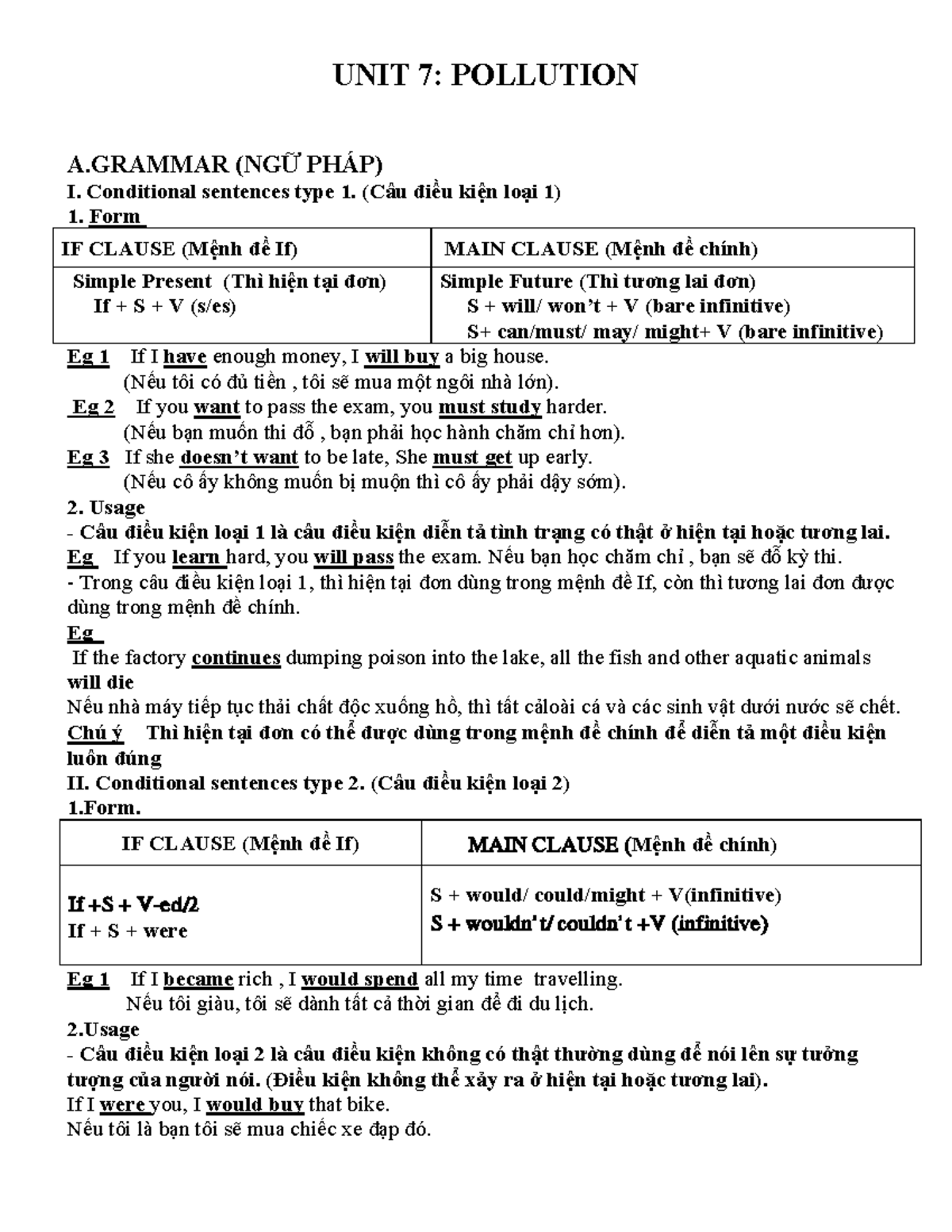 Bai tap Unit 7 Pollution Tieng Anh 8 - UNIT 7: POLLUTION A (NGỮ PHÁP) I. Conditional sentences ...