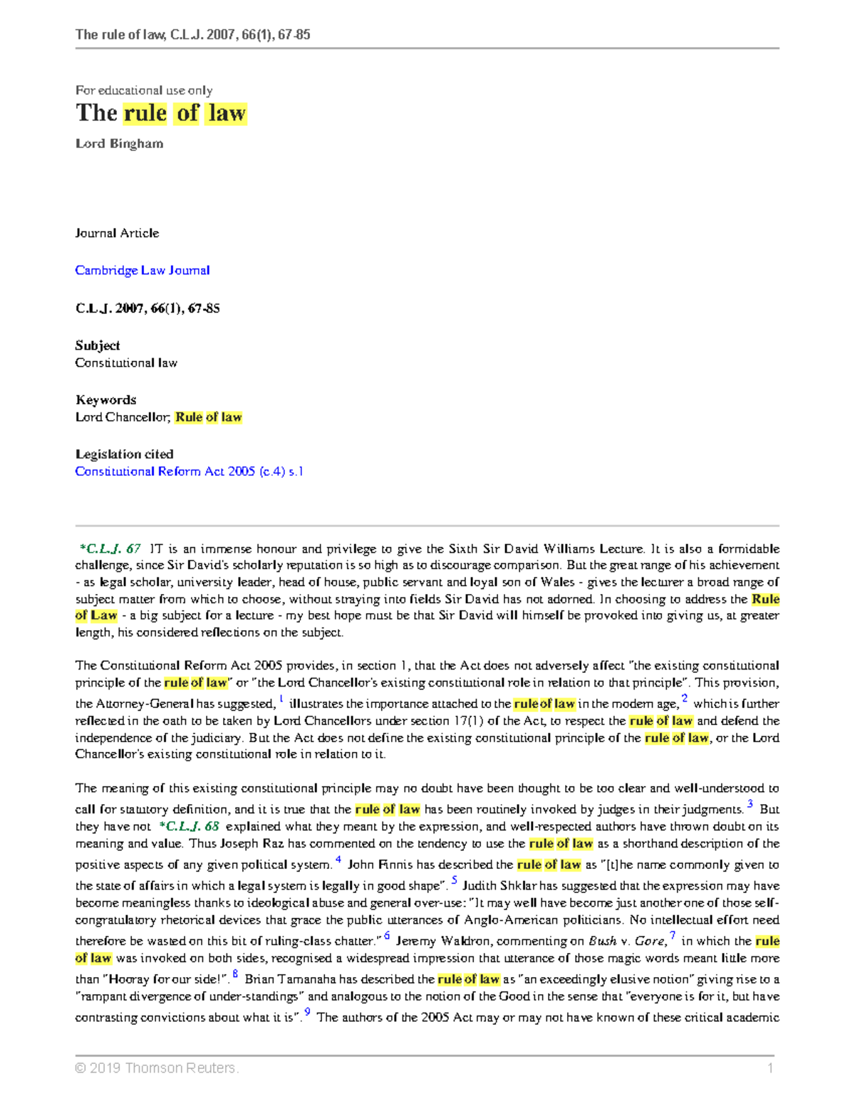 The Rule of Law, Lord Bingham - For educational use only The rule of ...