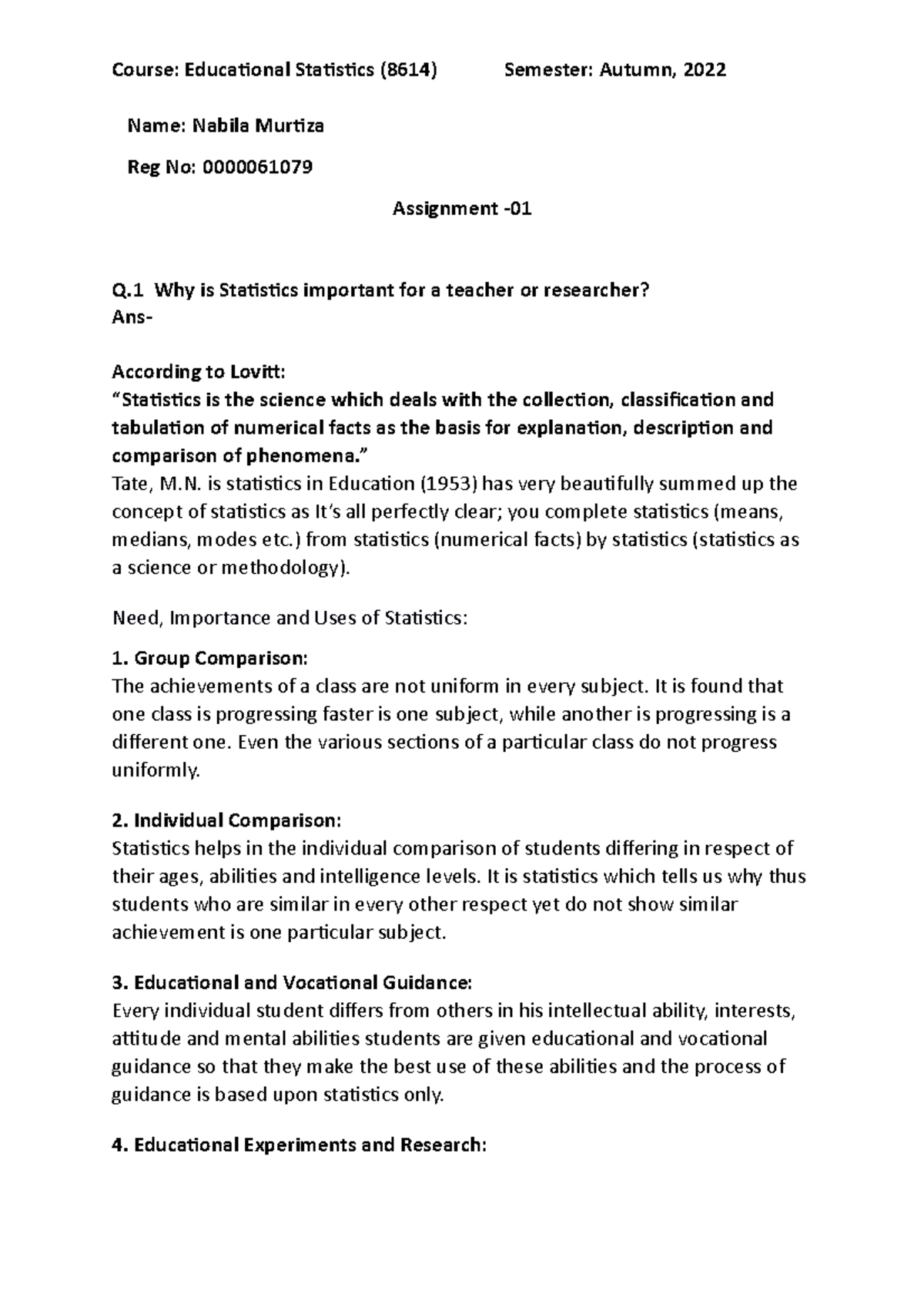 8614 - Assignment 1 - Teaching practice - Name: Nabila Murtiza Reg No: 0000061079 Assignment - Q ...