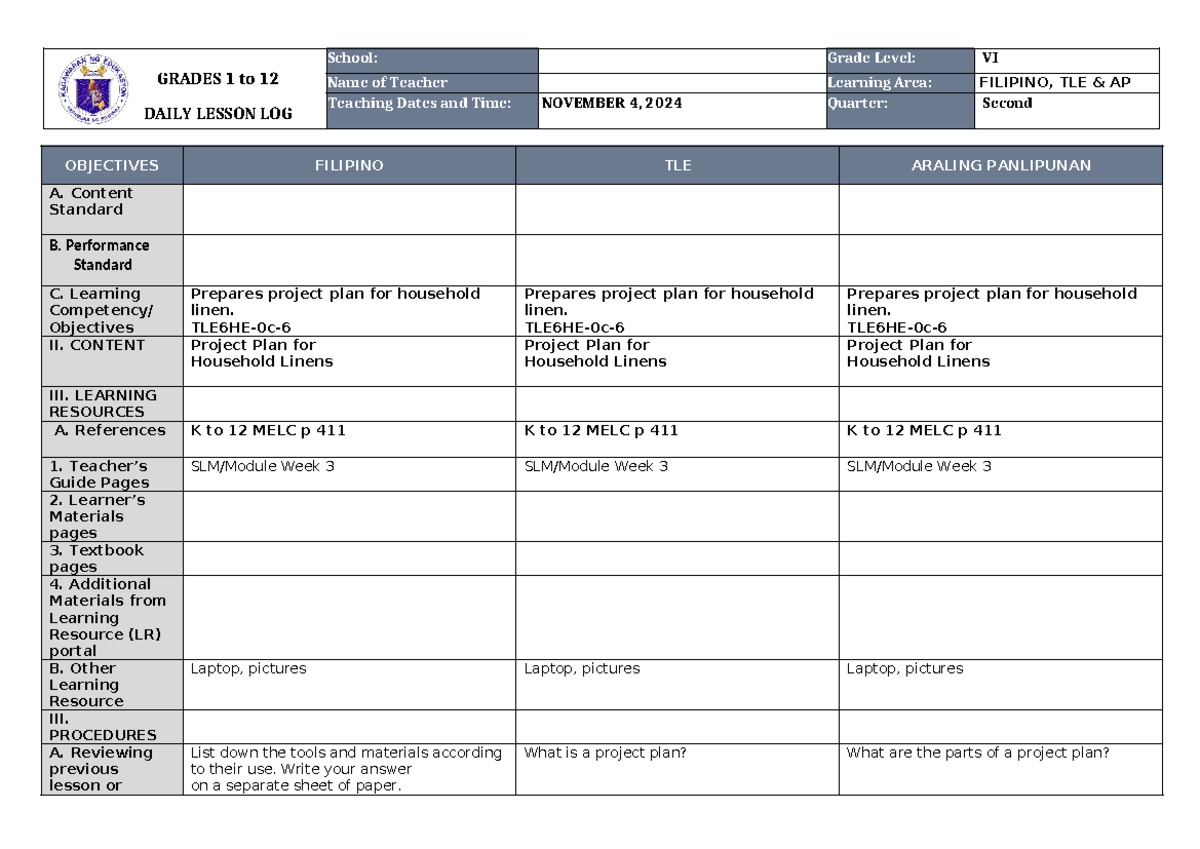 DLL Grade SIX FOR Upload - OBJECTIVES FILIPINO TLE ARALING PANLIPUNAN A ...