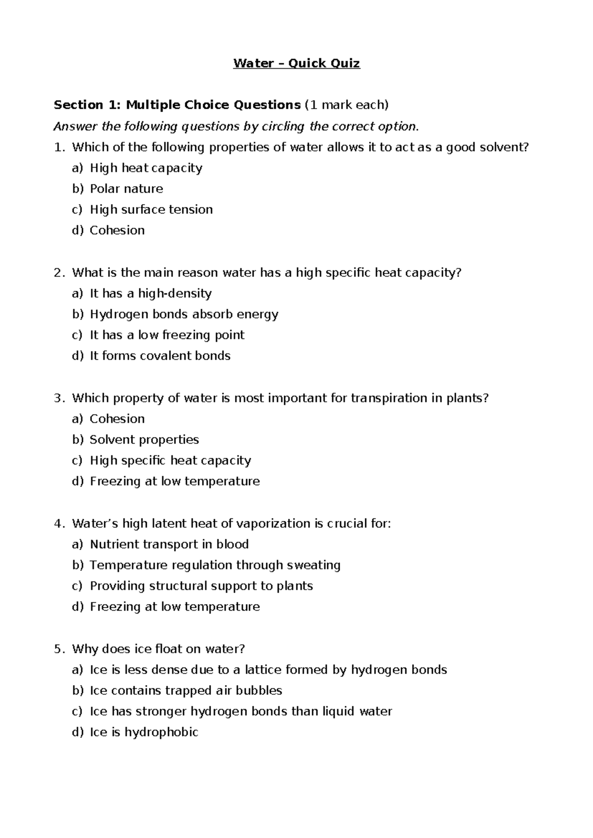 Water - Quick Quiz - Revision quiz - Water – Quick Quiz Section 1 ...