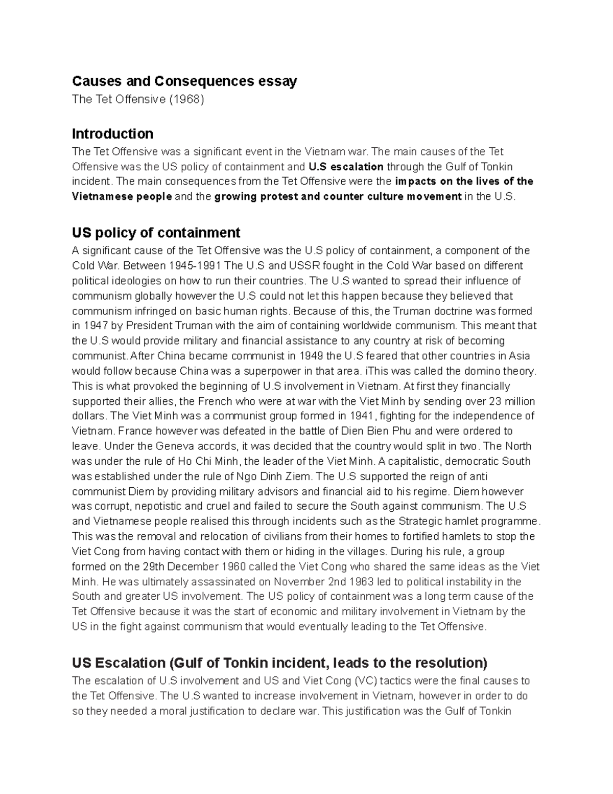 Tet offensive Causes and Consequences essay - Causes and Consequences ...
