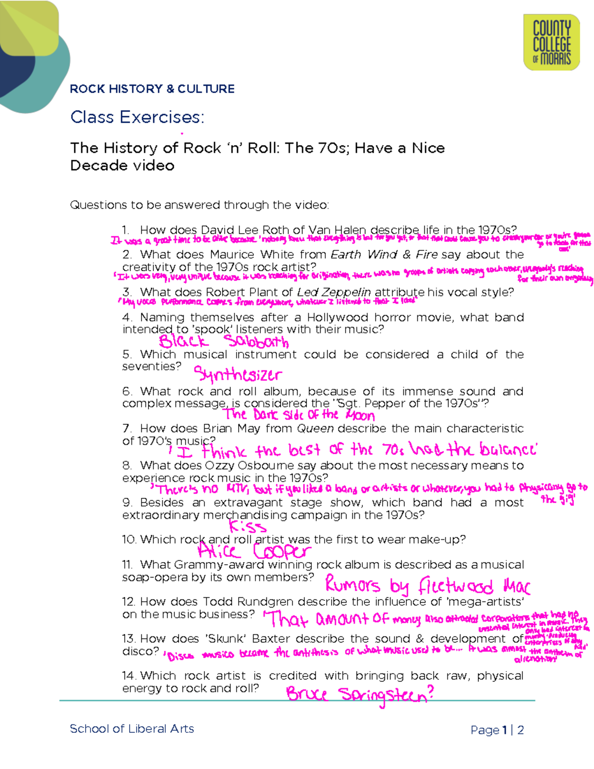 Have a Nice Decade - Worksheet - School of Liberal Arts Page 1 | 2 ROCK ...