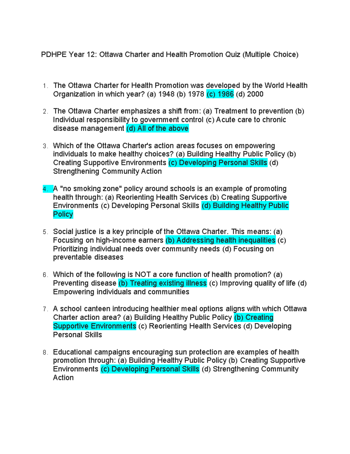 Ottawa Charter Quiz - PDHPE Year 12: Ottawa Charter and Health ...
