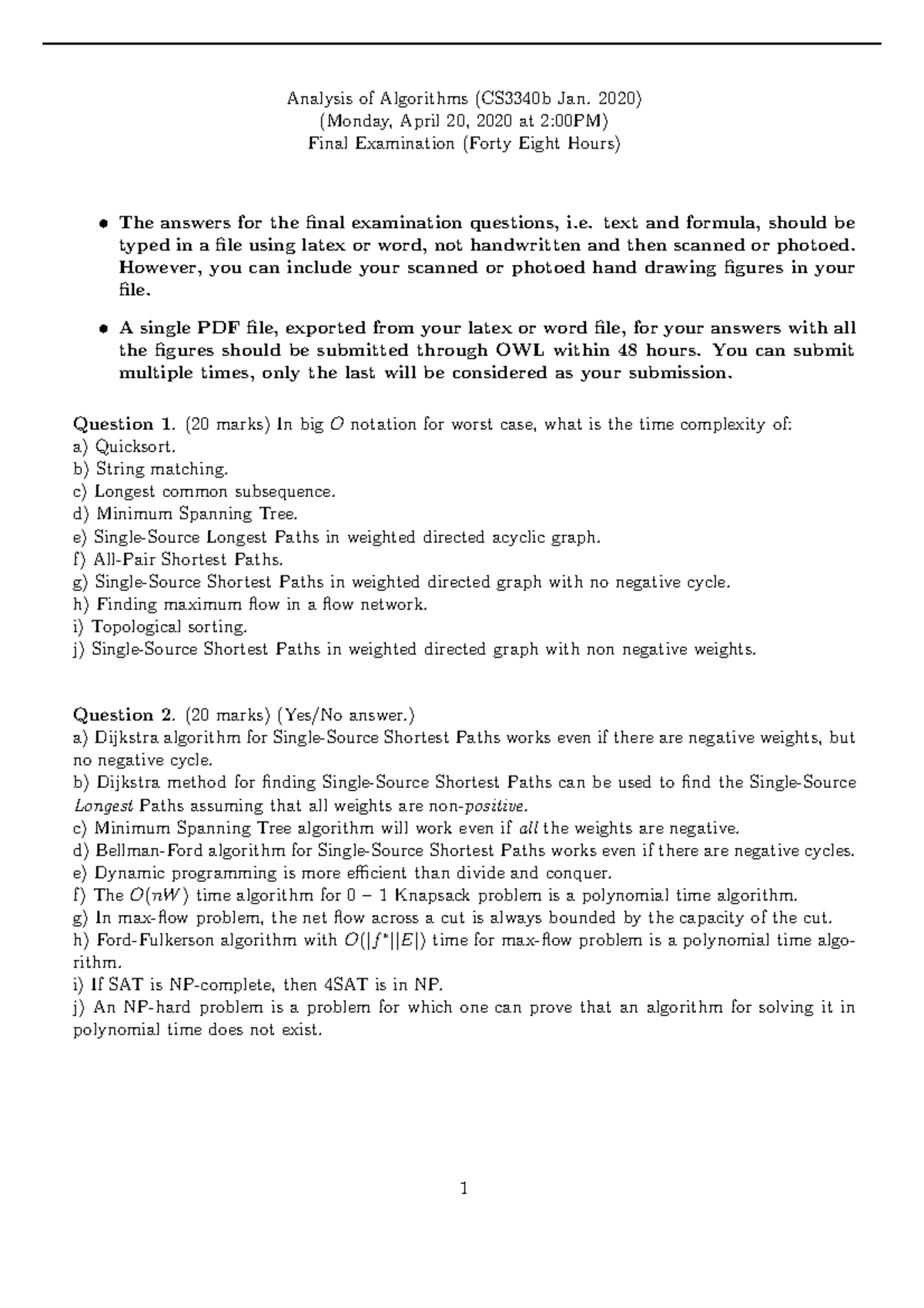 Cs3340 2020-final - 2020 final exam for cs 3340 - Analysis of Algorithms (CS3340b Jan. 2020 ...