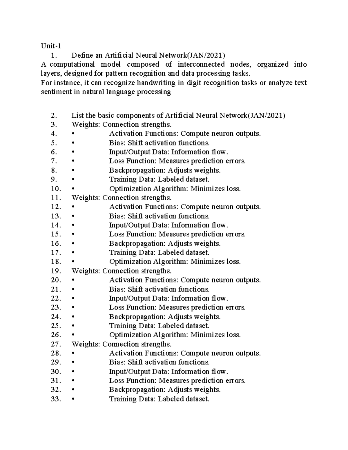Nndl question - important - Unit- 1. Define an Artificial Neural Network(JAN/2021) A ...