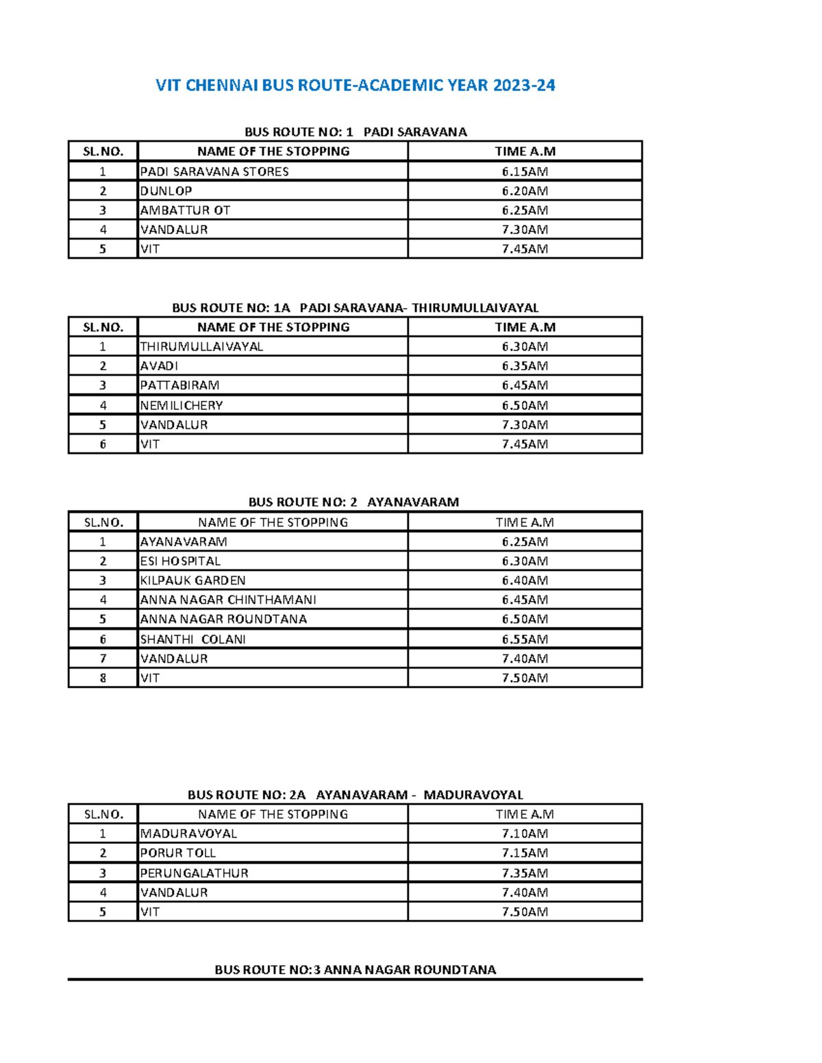 BUS Route NEW LIST 2023-2024 - SL. NAME OF THE STOPPING TIME A 1 PADI ...